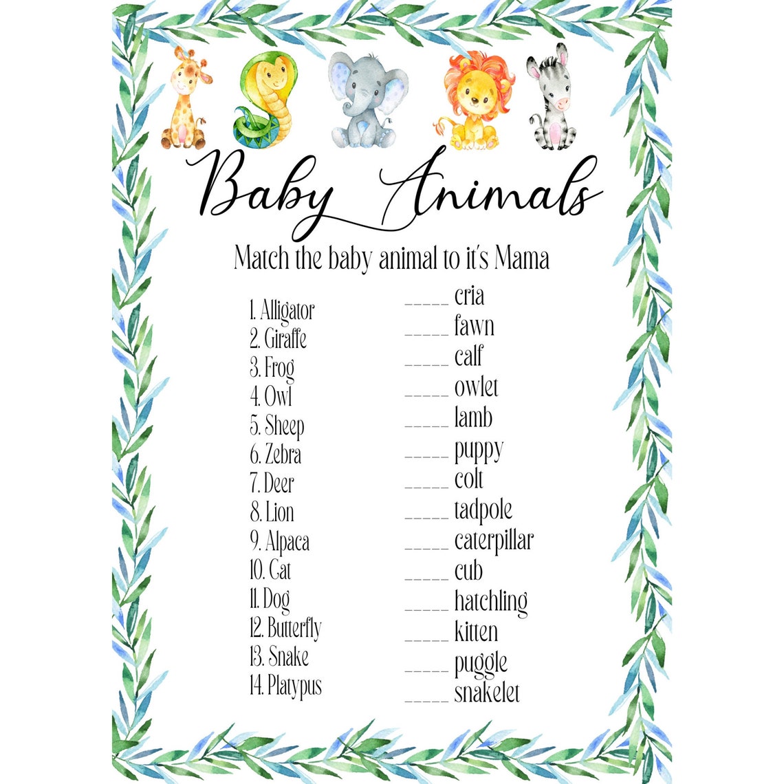 Baby Shower Games Printable Name That Baby Animal Game - Etsy