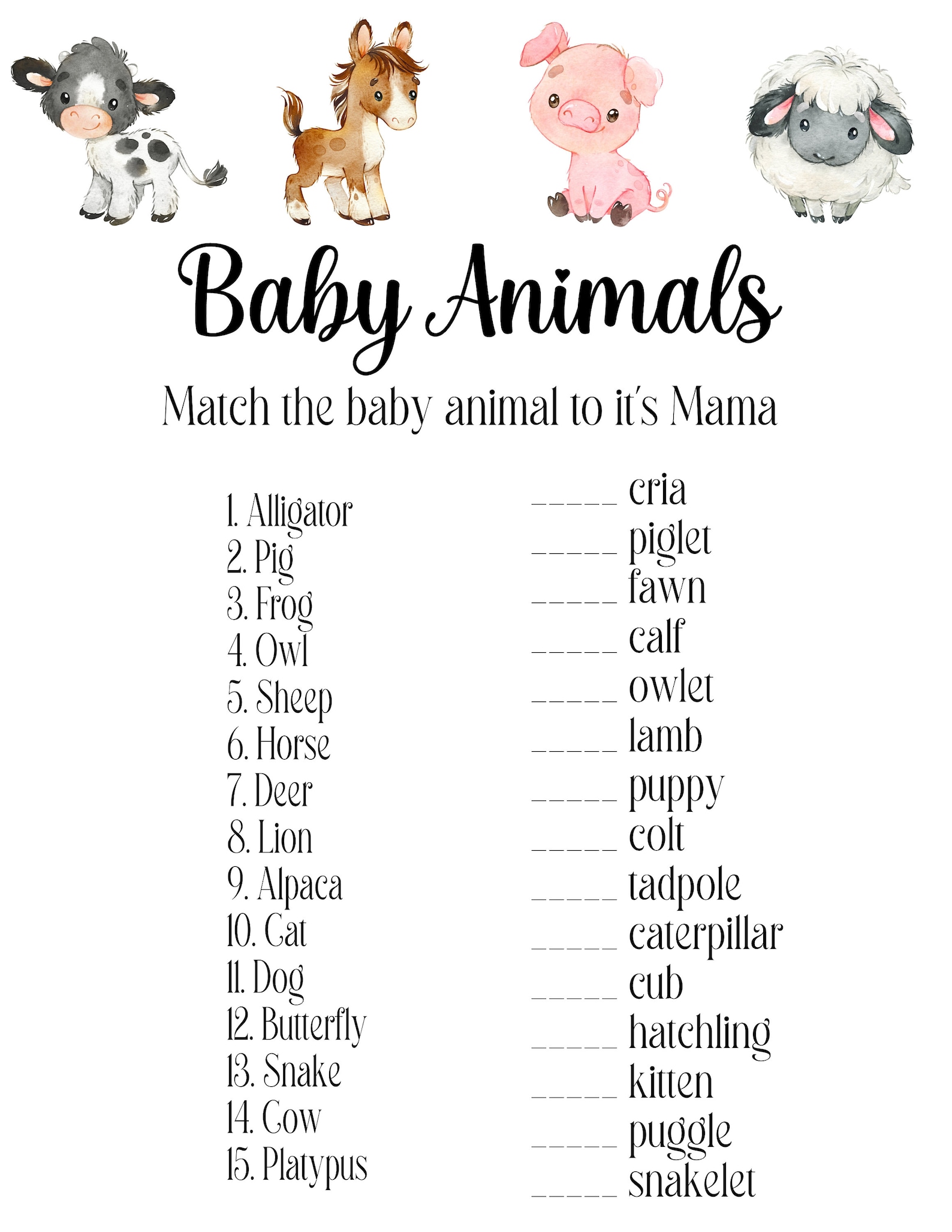 Printable Farm Animal Baby Shower Game Match Baby to | Etsy