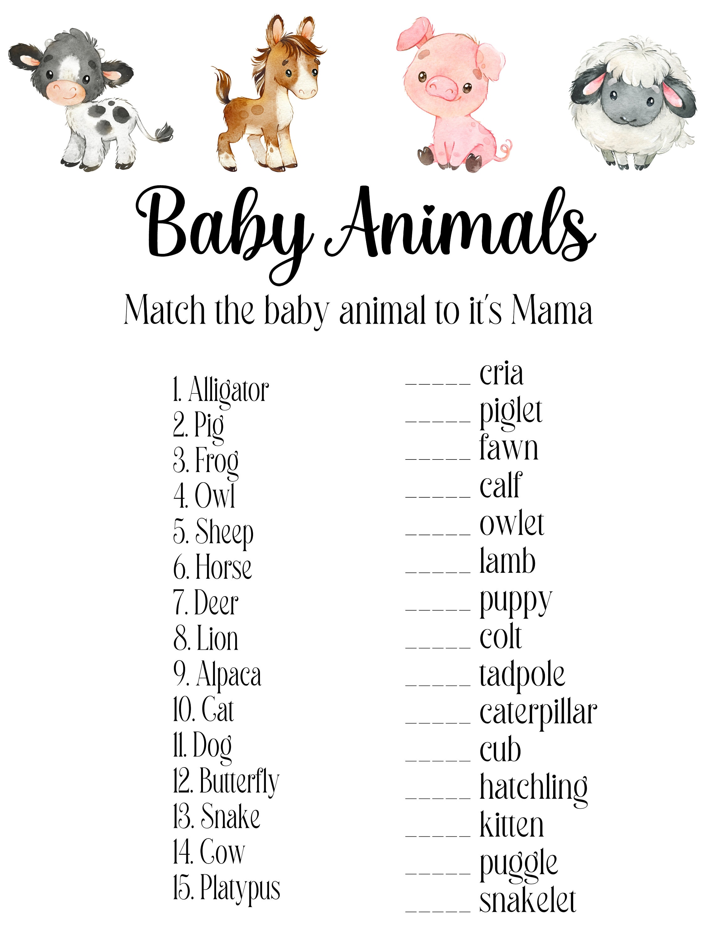 Printable Farm Animal Baby Shower Game Match Baby to | Etsy
