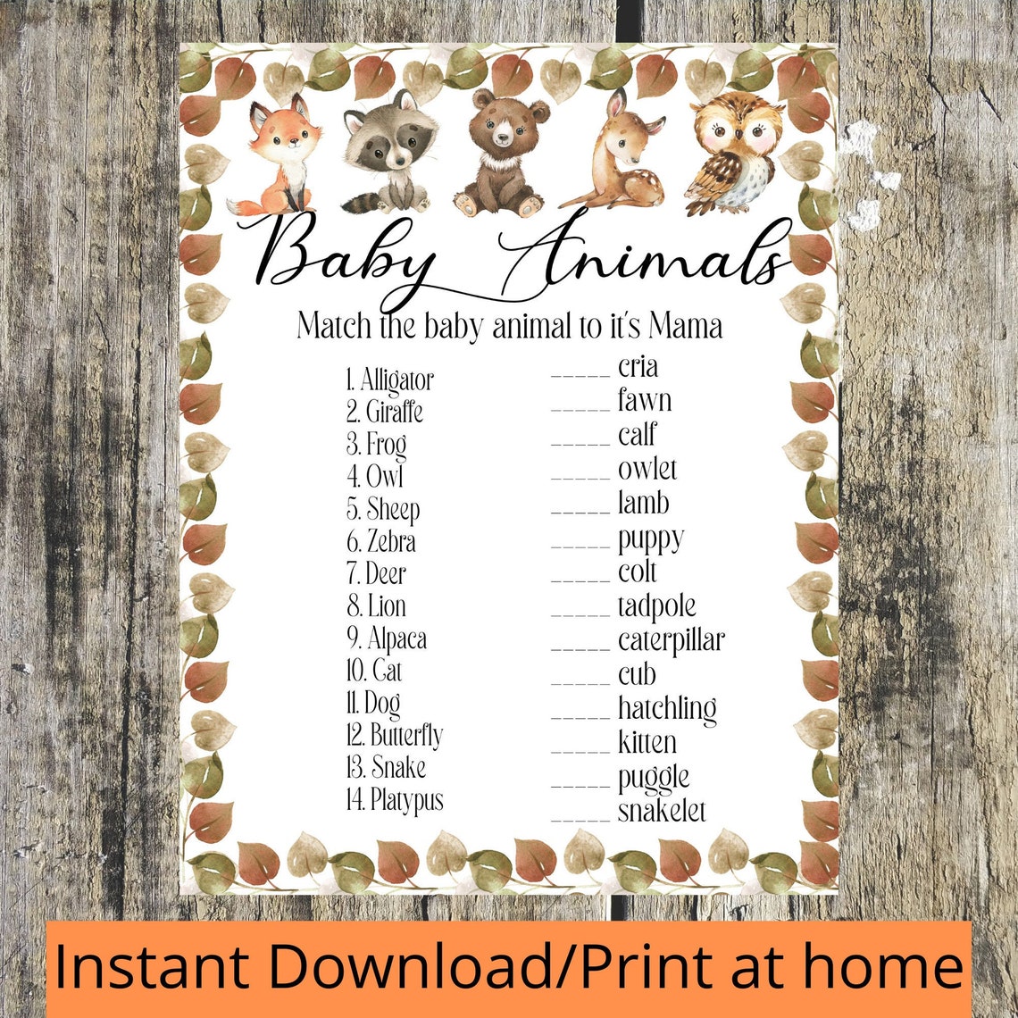 Baby Shower Games Printable Woodland Animal Theme Match - Etsy