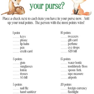 Baby Shower Game Bundle, Woodland Girl Animals, What's in Your Purse ...