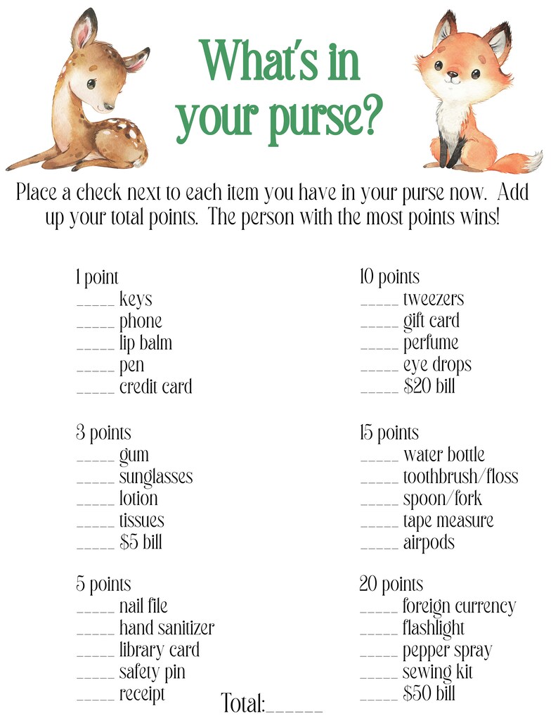 Baby Shower Game Bundle, Woodland Animals, What's in Your Purse, Baby ...