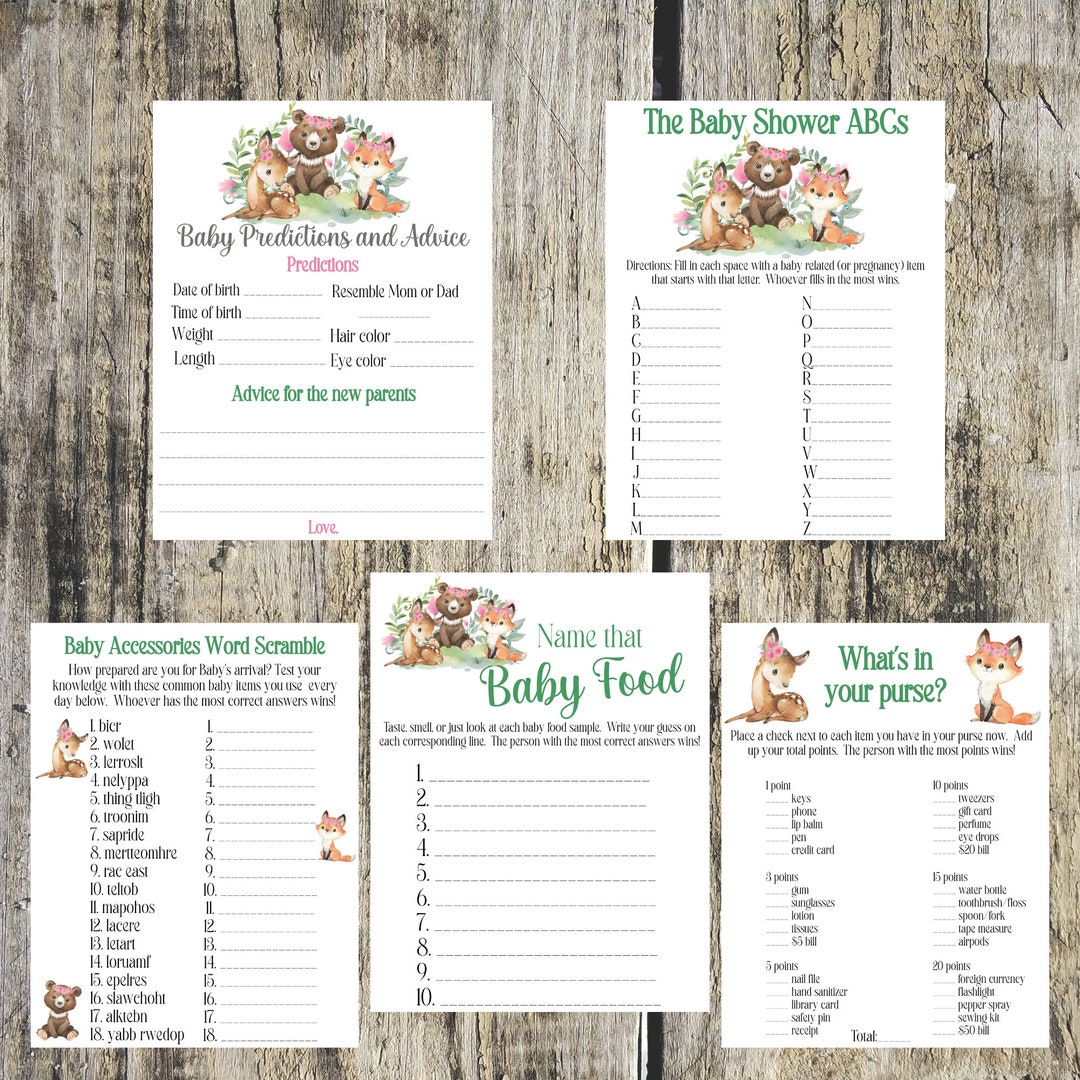 Baby Shower Game Bundle, Woodland Girl Animals, What's in Your Purse ...