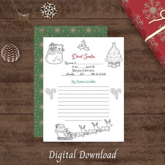 Dear Santa Letter Printable Coloring Page Digital Download | Etsy