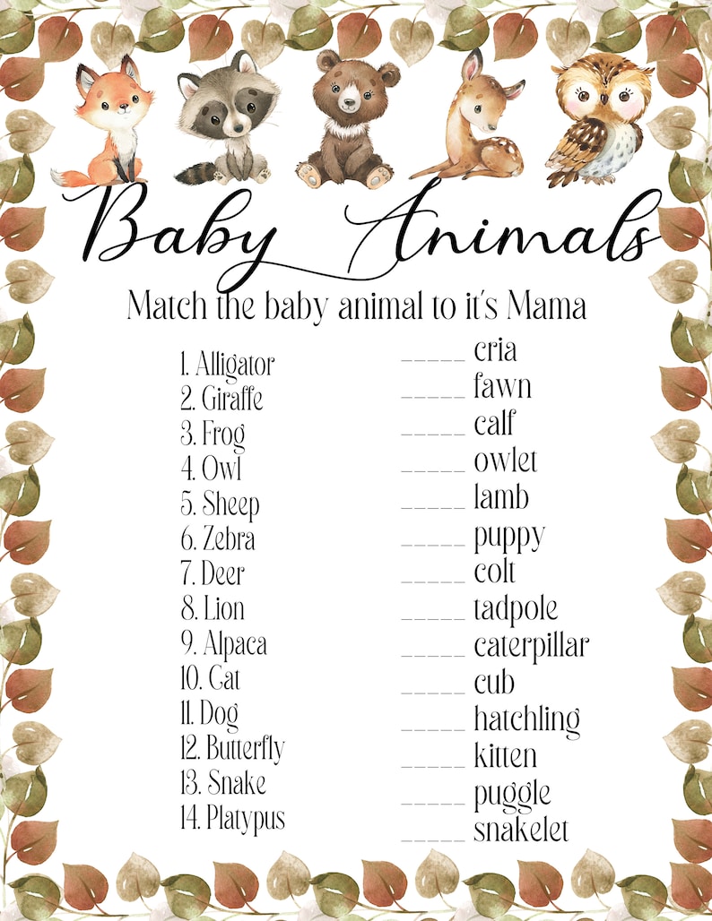 Baby Shower Games Printable Woodland Animal Theme Match - Etsy