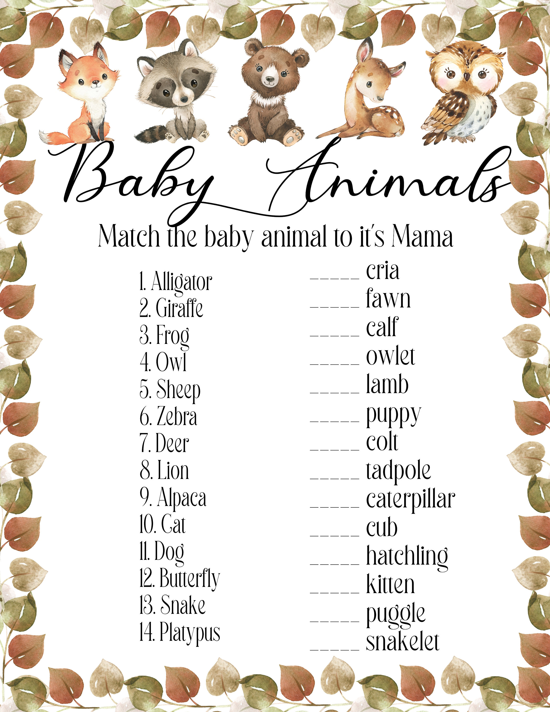 Baby Shower Games, Printable, Woodland Animal Theme, Match Baby Animal ...