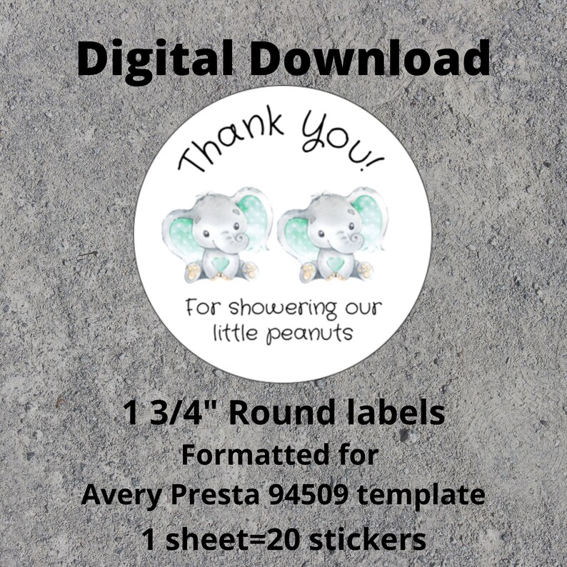 Little Peanuts Baby Shower Thank You Stickers, Green Elephant (digital ...