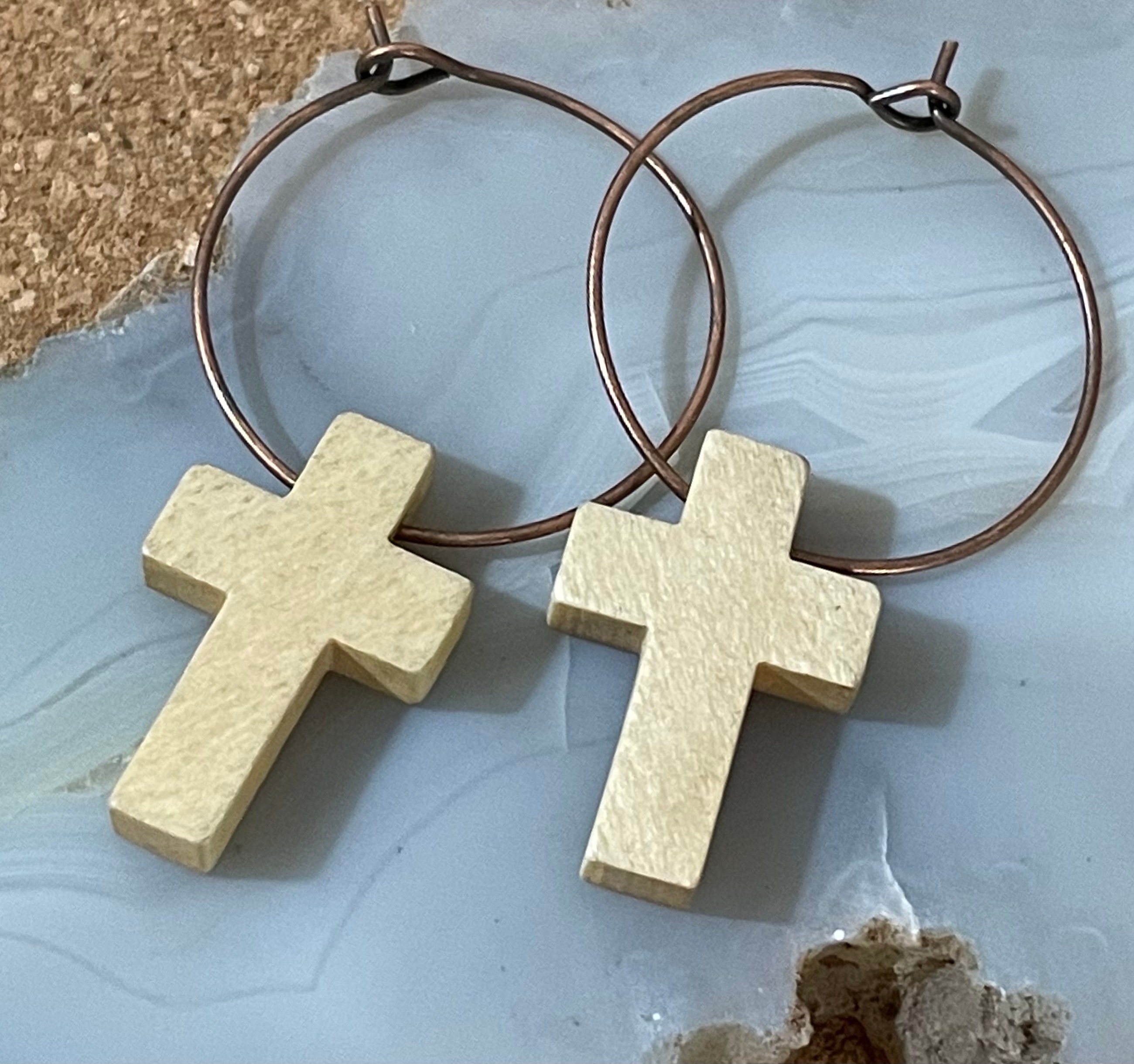 Wooden Cross Hoop Earrings 3 Types to Choose From Simple | Etsy