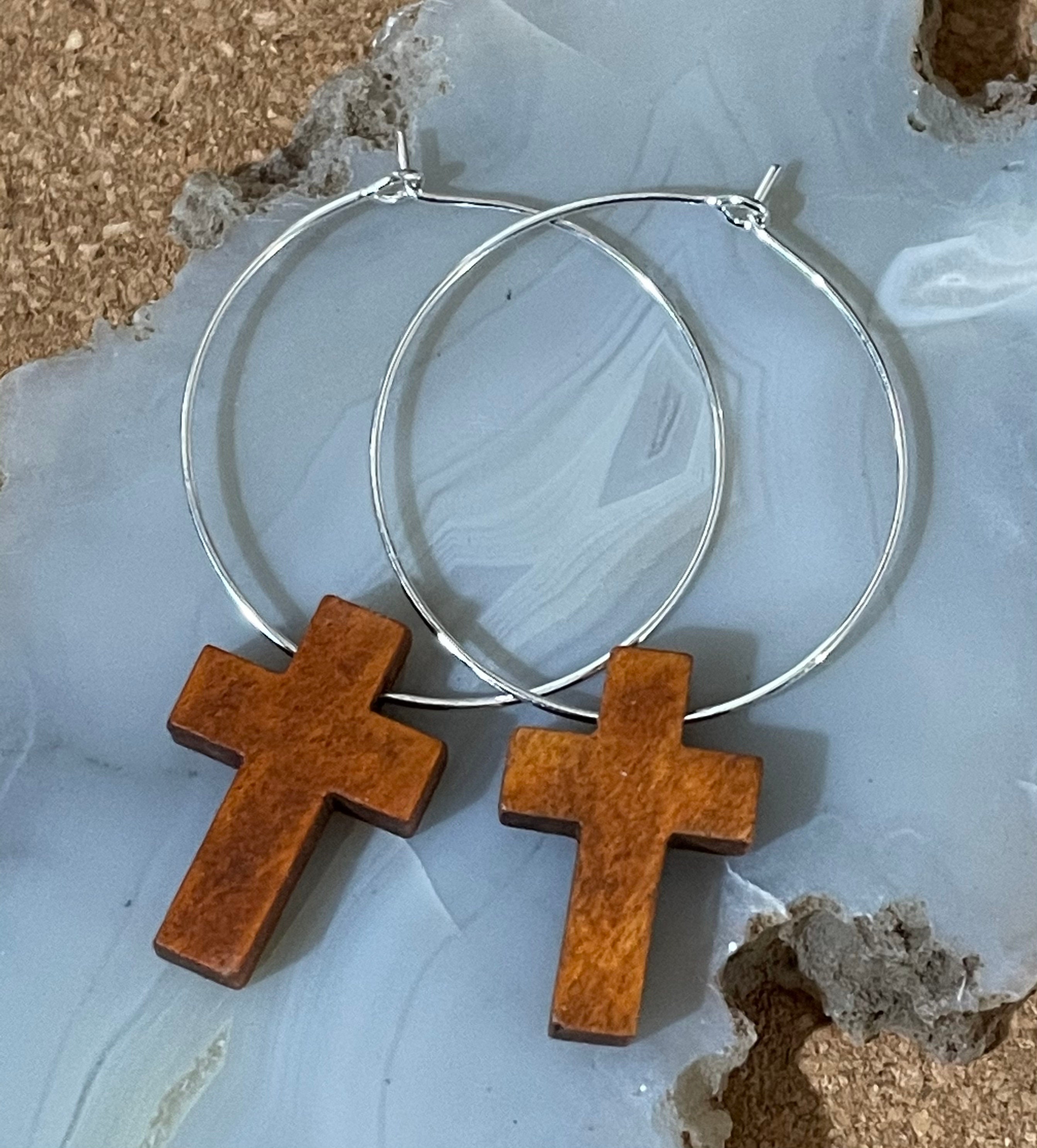 Wooden Cross Hoop Earrings 3 Types to Choose From Simple | Etsy
