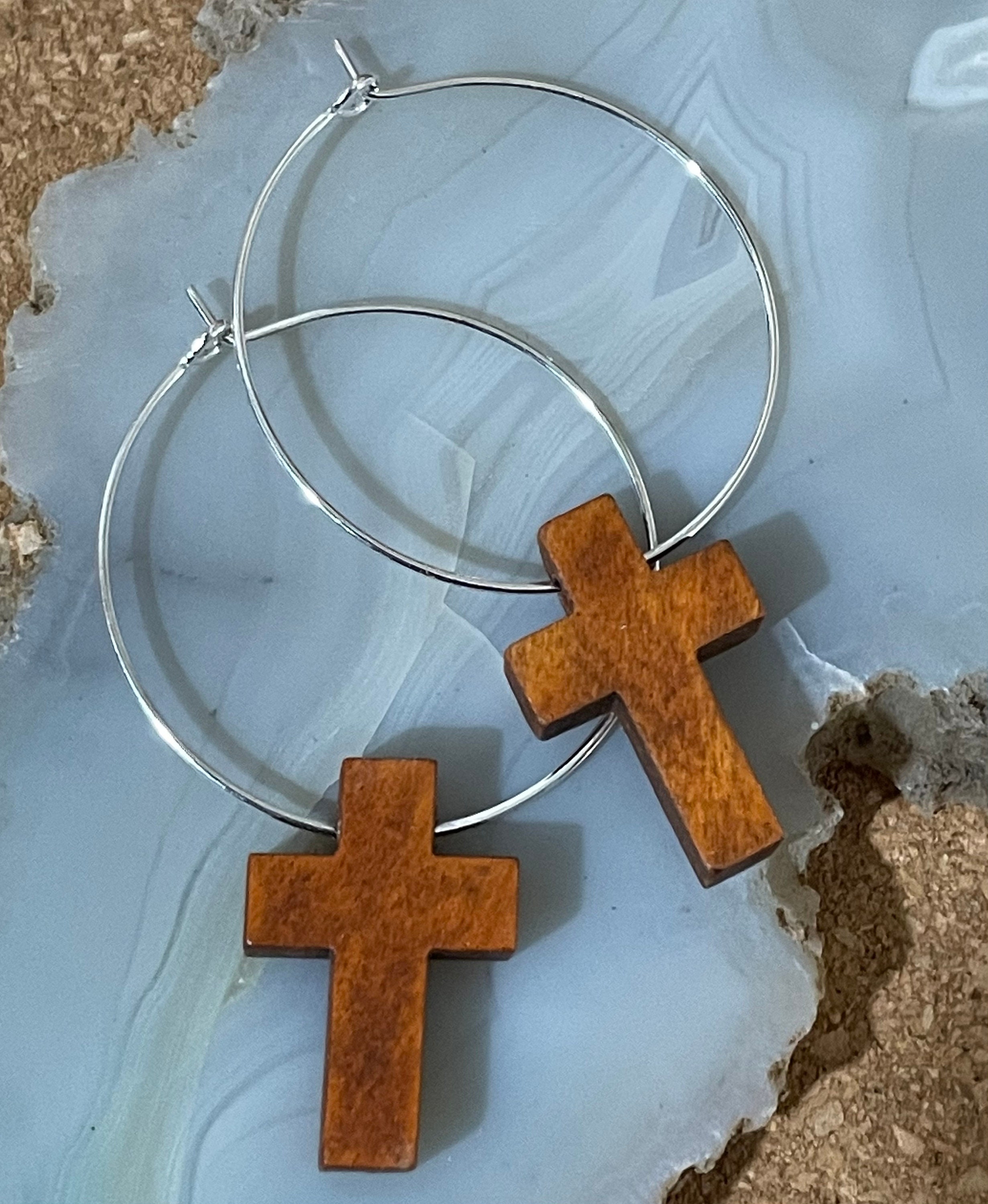 Wooden Cross Hoop Earrings 3 Types to Choose From Simple | Etsy