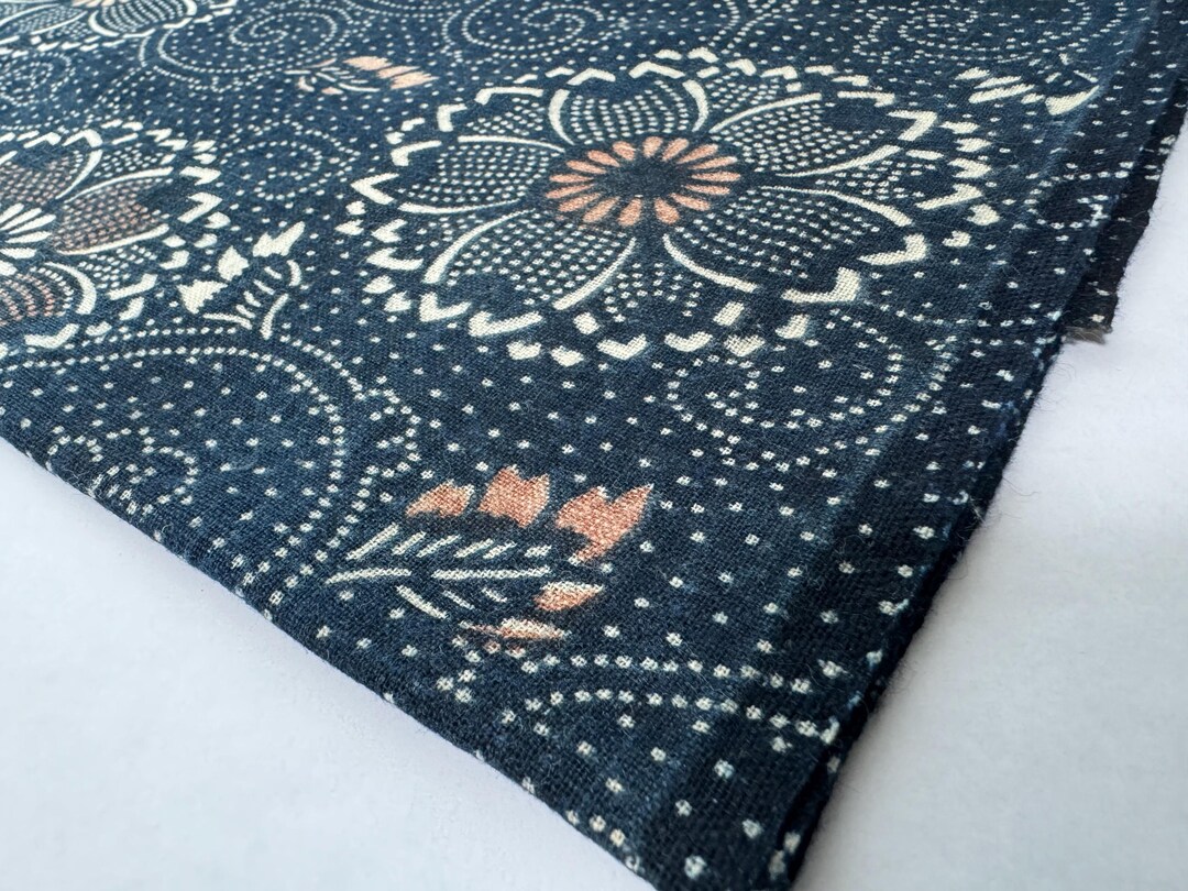 Japan Vintage Katazome(stencil Dyeing) Fabric With Vermilion, Indigo ...