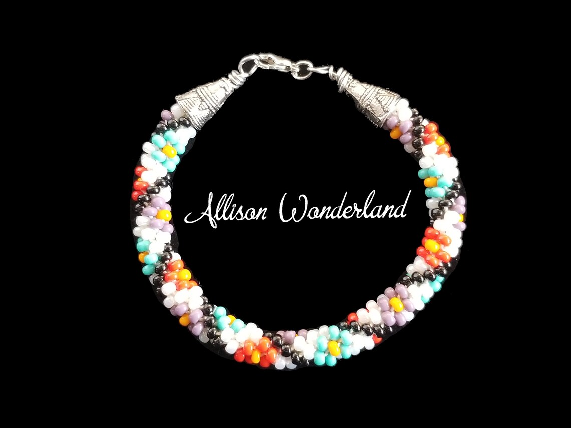 Kumihimo Bead Pattern: Flowers and Stripes, Multicolor Flower Bracelet ...