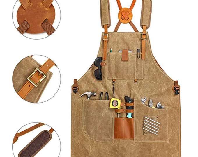 Personalized Waxed Canvas and Vegan Leather Work Apron With Pockets ...