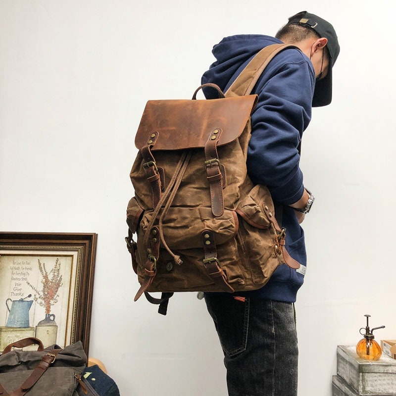 Unisex Travel Backpack Waxed Canvas Outdoor Backpack Laptop Backpack ...