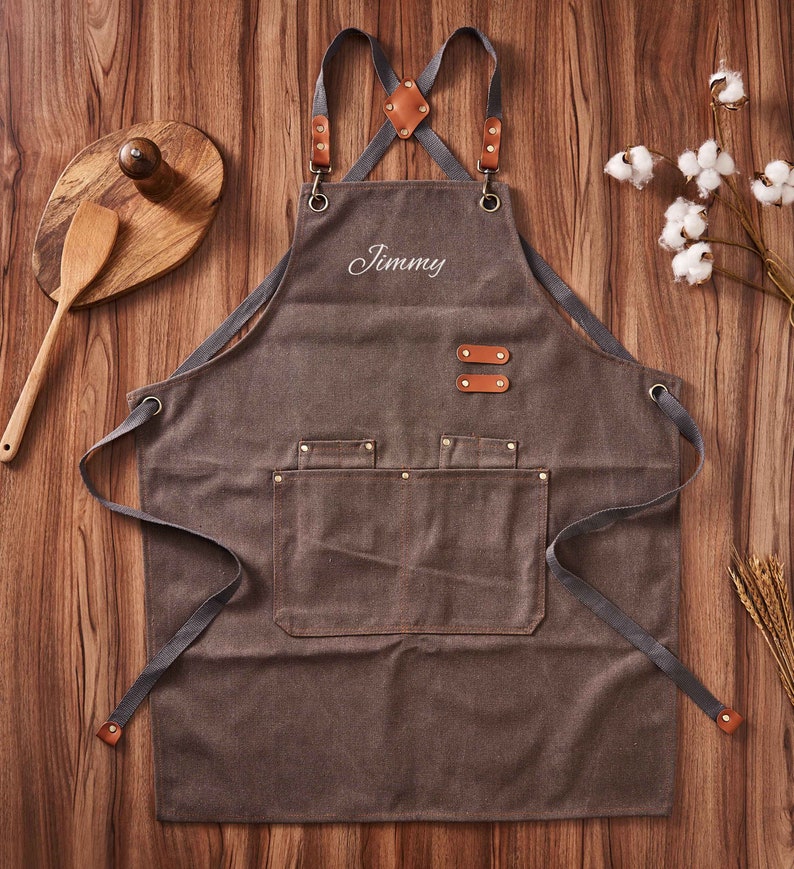 Embroidered Kitchen Apron, Canvas Workshop Apron With Pockets, Custom ...