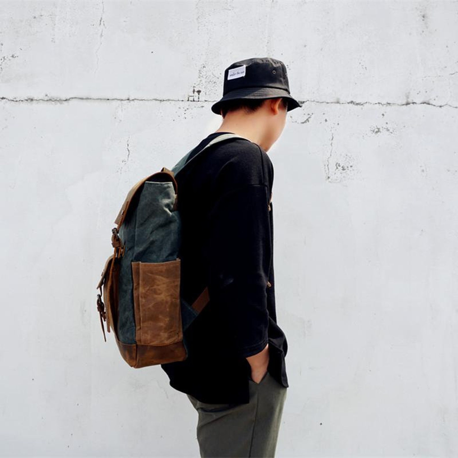 Handmade Waxed Canvas Leather Backpack Large Travel Backpack Hiking ...