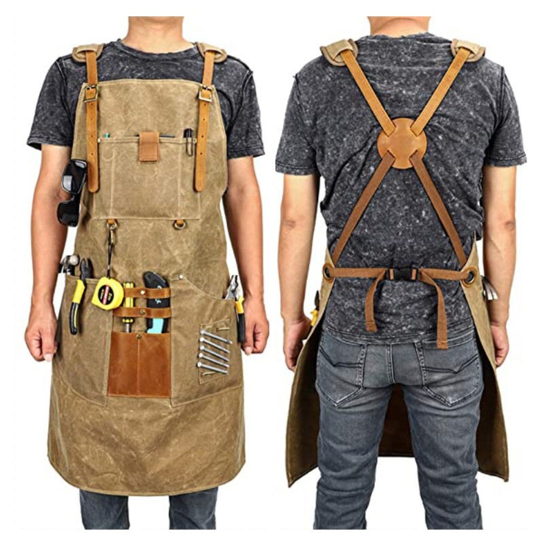 Personalized Waxed Canvas and Vegan Leather Work Apron With Pockets ...