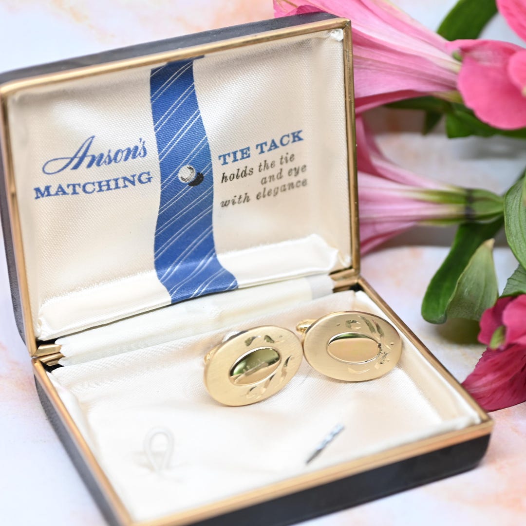 Men's Vintage Anson Cuff Link Set in Original Box Satin Gold Tone Oval ...