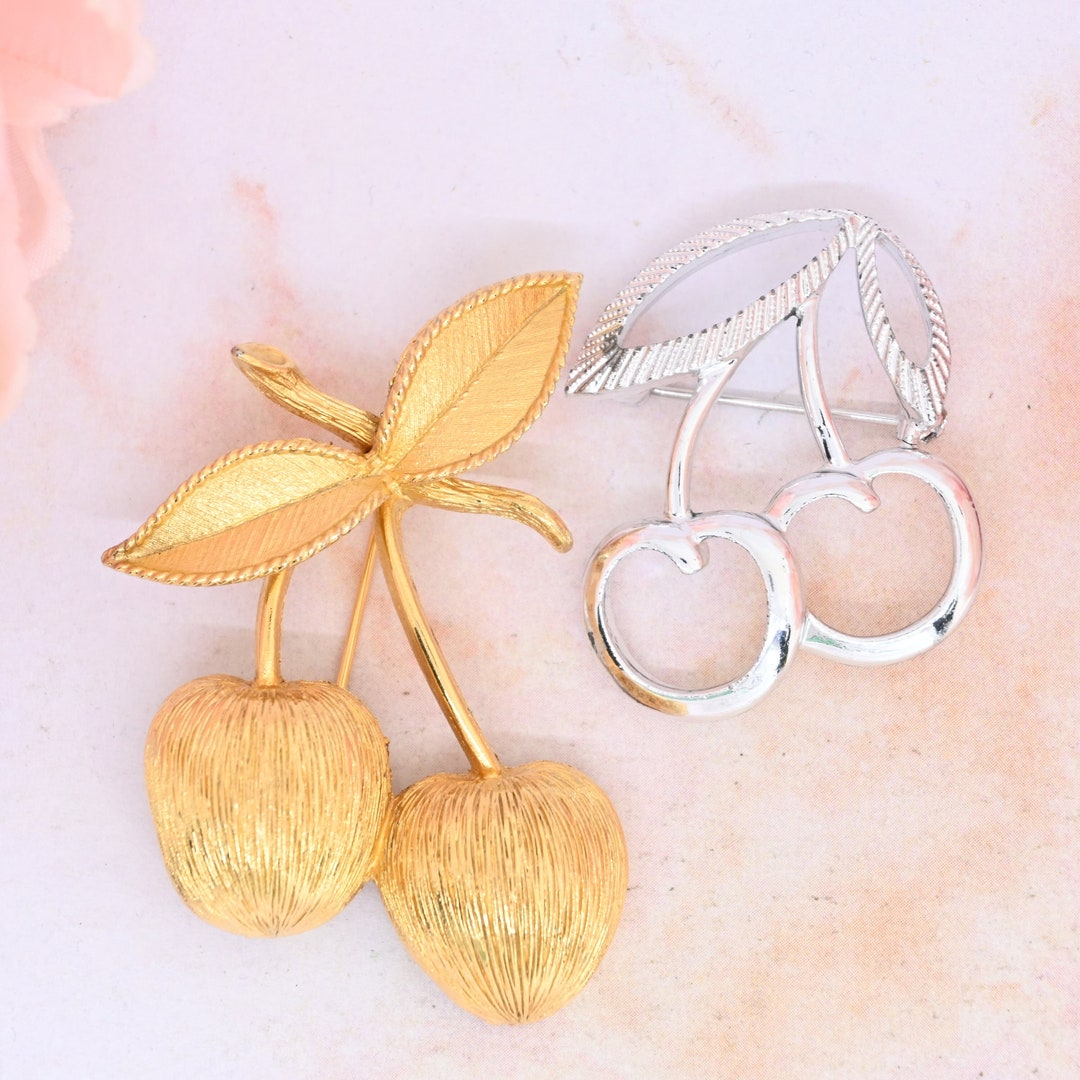 Vintage Dimensional Cherry Brooch Yellow Gold Tone Lapel Pins 1960s ...
