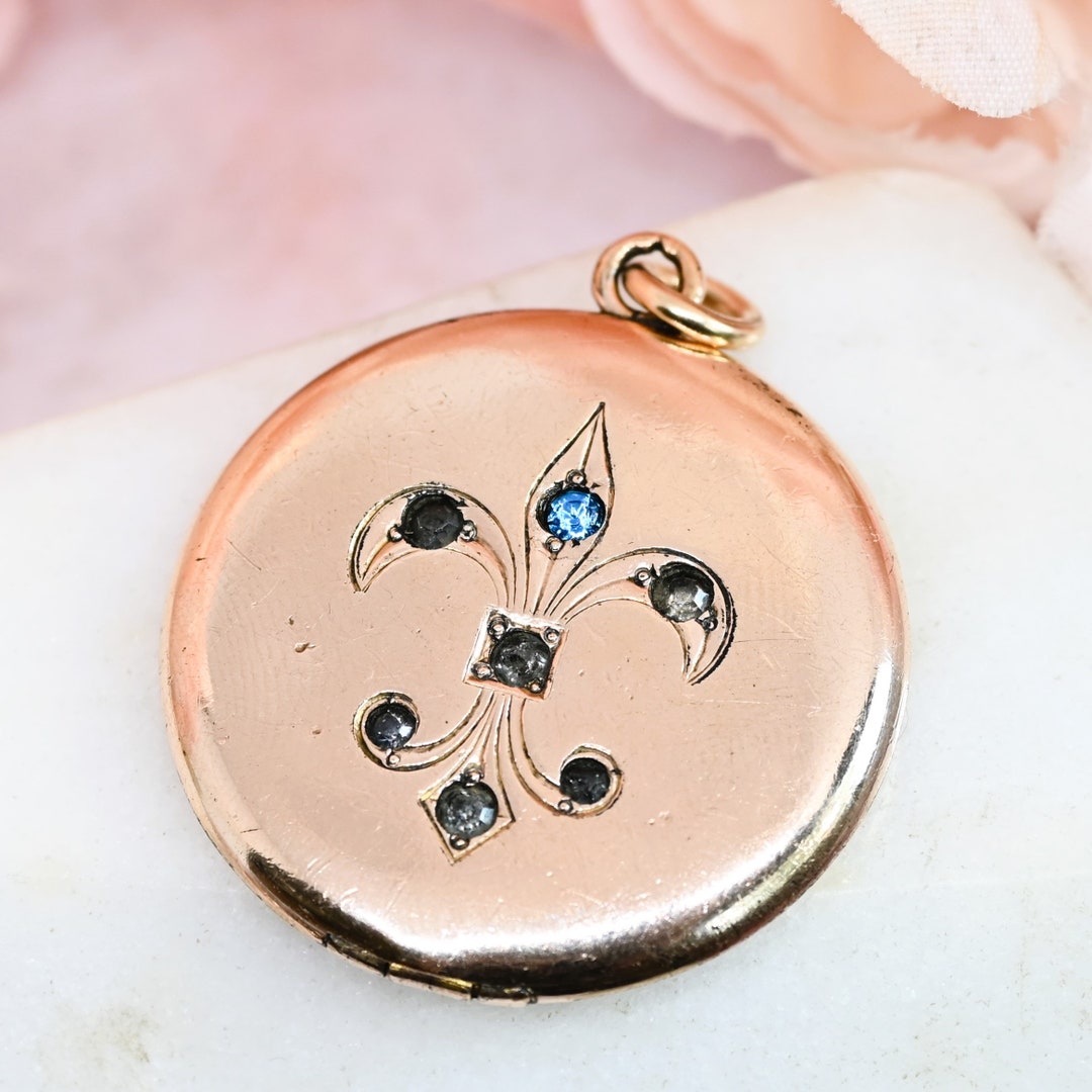 Edwardian Gold Filled Locket Blue Paste Stone Hand Etched Fleur De Lis ...