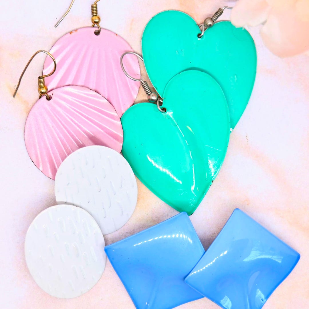 Vintage 1980s Big Earrings 4 Pairs Colorful Pastel Dangles Pink Blue ...
