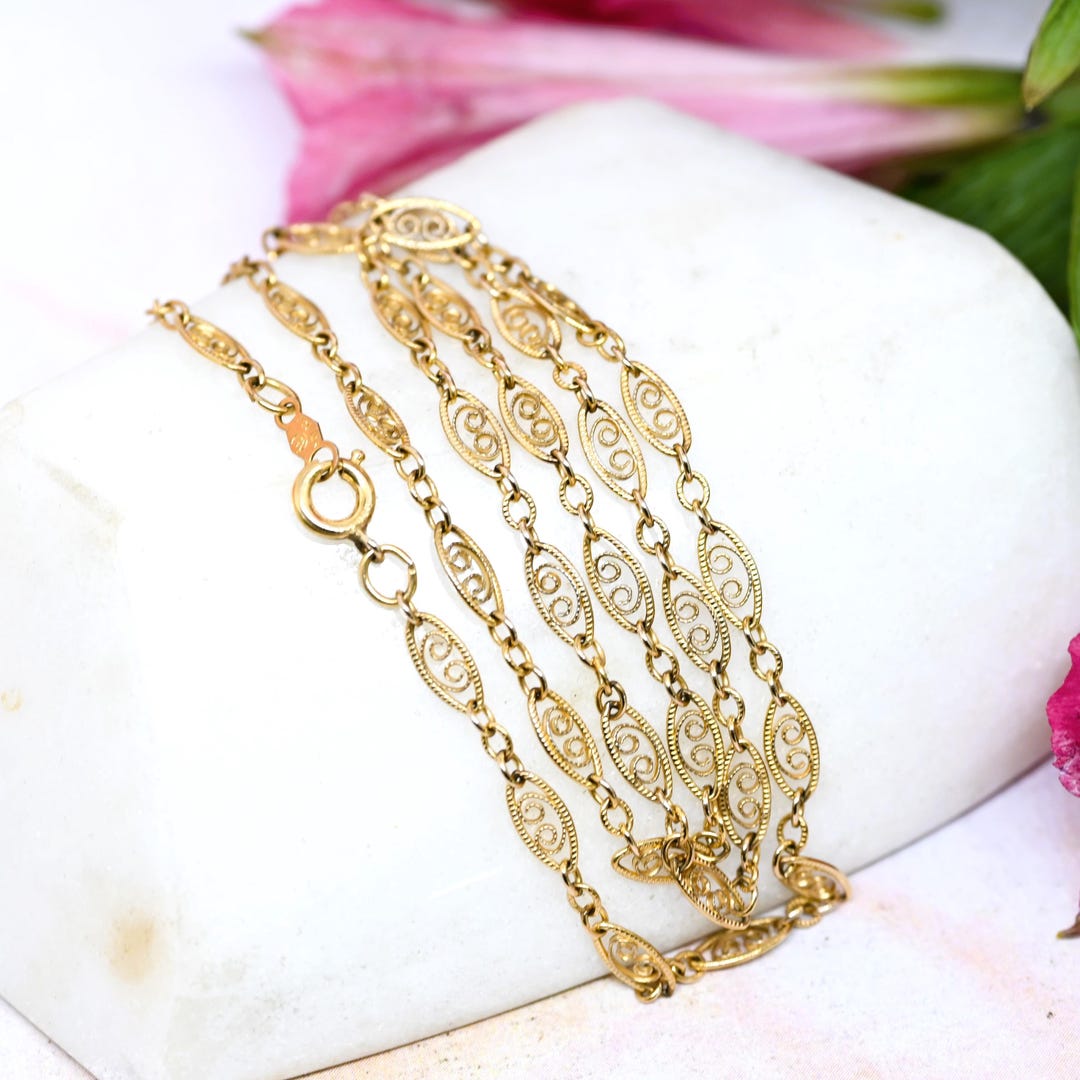 Vintage Filigree Chain 18” 12k Yellow Gold Filled Oval Links 12kgf Art ...