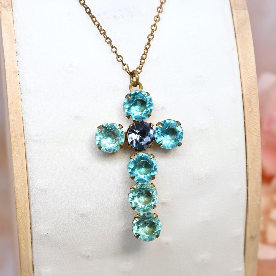 Vintage Aqua Blue Paste Cross Pendant Necklace, Antique Brass and Czech ...