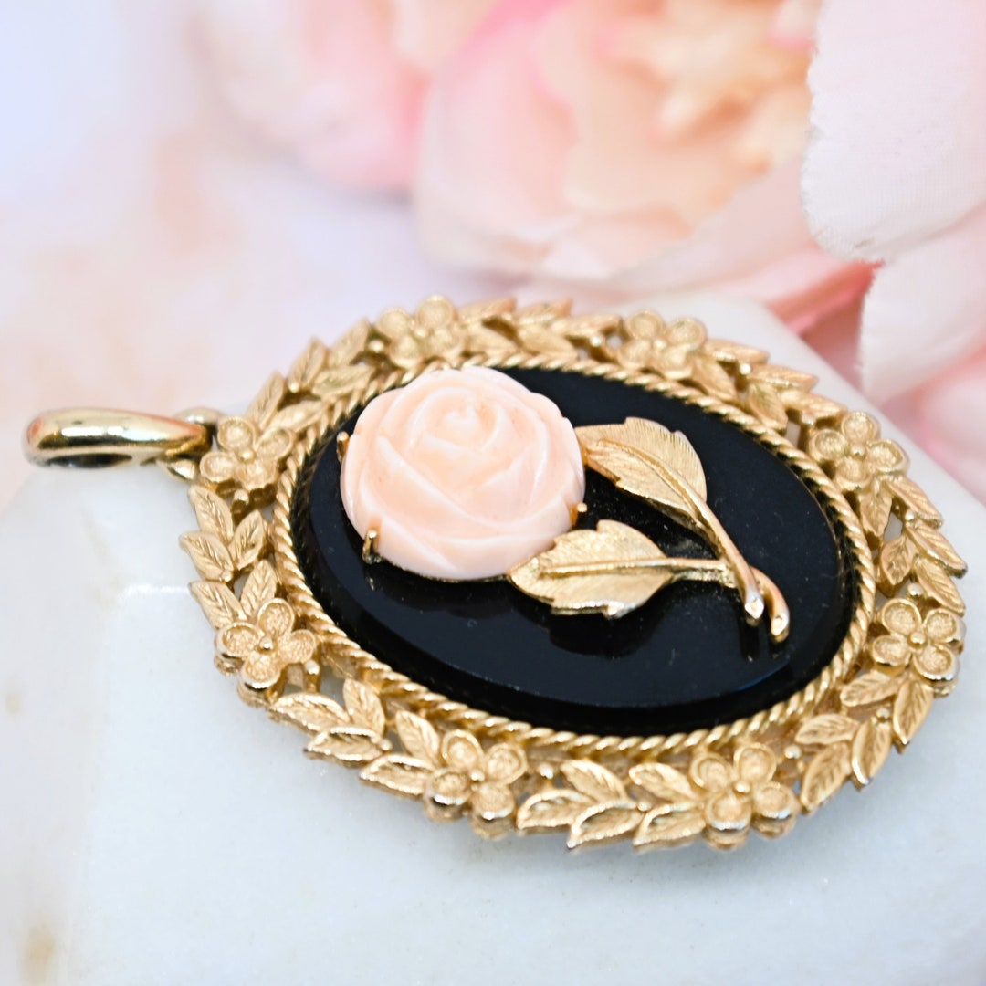 Vintage Black Cameo Pendant by AVON Gold Tone Pink Rose Victorian ...