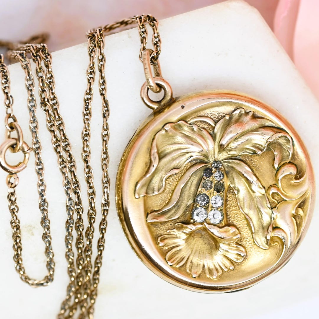 Antique Gold Filled Flower Locket: Diamond Paste Daffodil, "ac ...