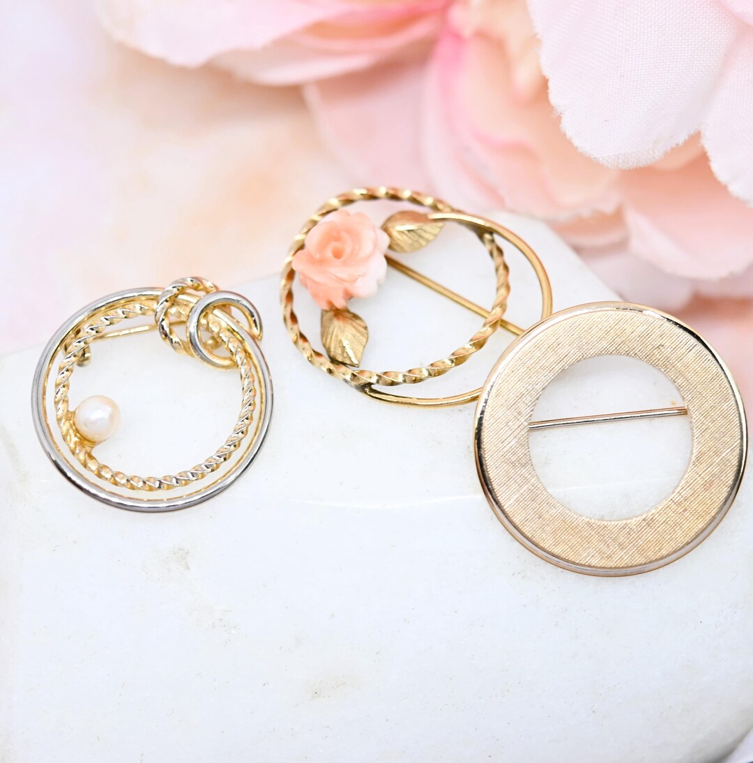 Vintage Circle Pins Set of 3, Coral Rose Bud Flower Jewelry Gift for ...