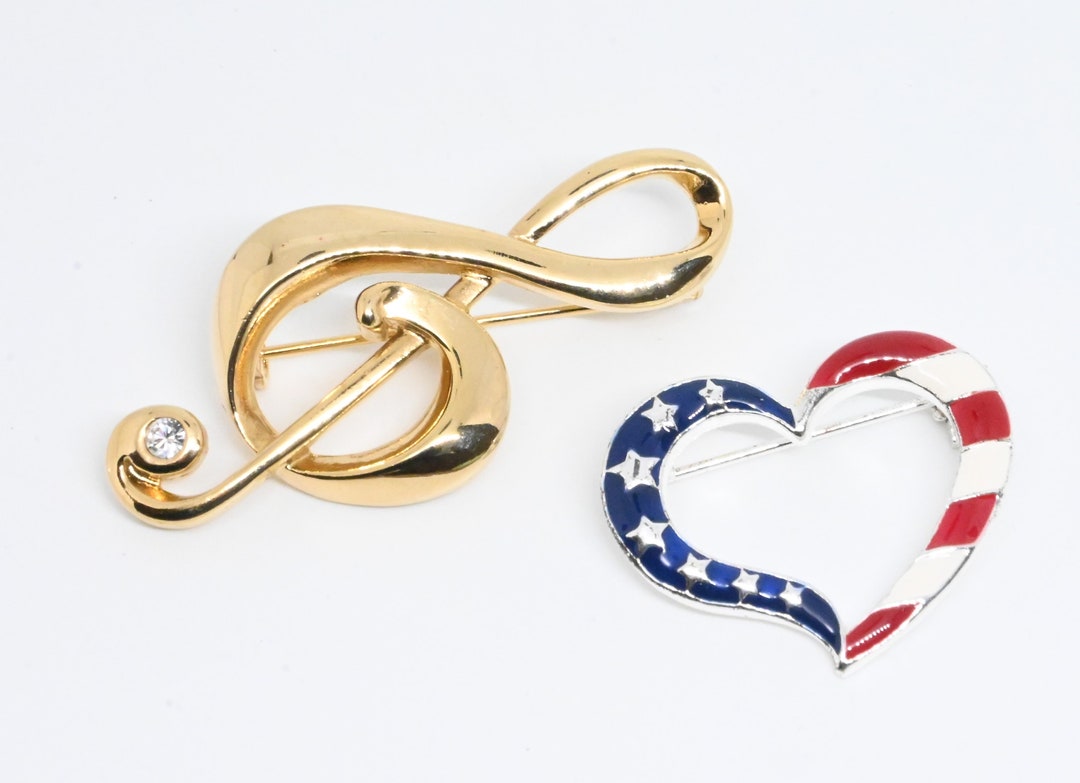 Vintage gold tone pin gold G clef pin heart US flag pin - Etsy.de