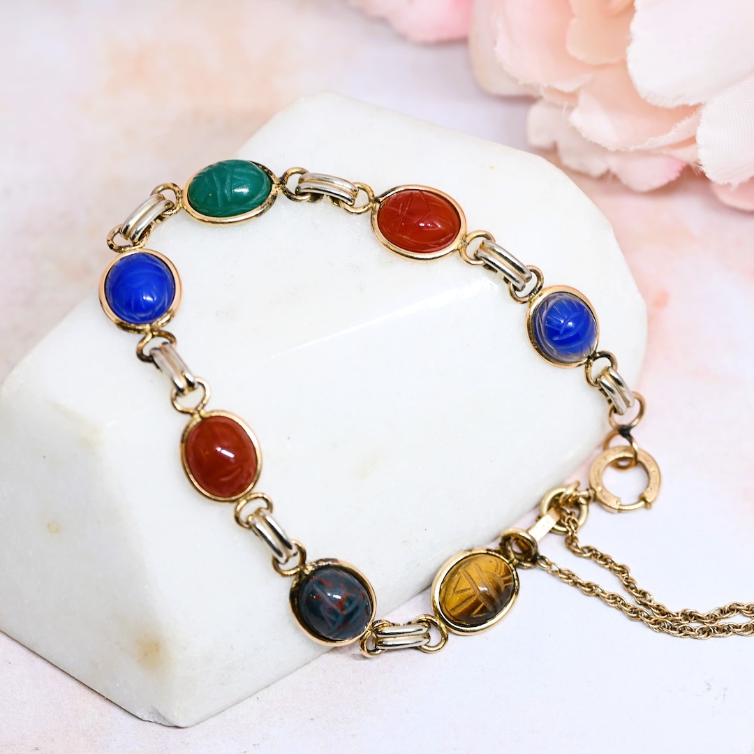 Vintage Scarab Bracelet 12k Gold Filled 7.5 Genuine Carved Semiprecious ...