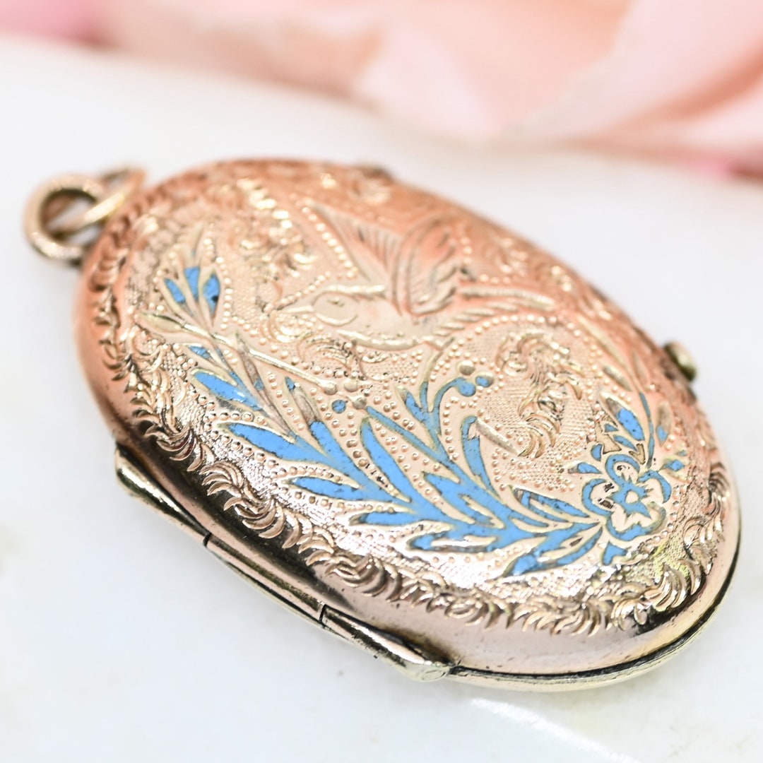 Victorian Taille D’épargne Locket With Blue Enamel, Hand-chased Bird ...