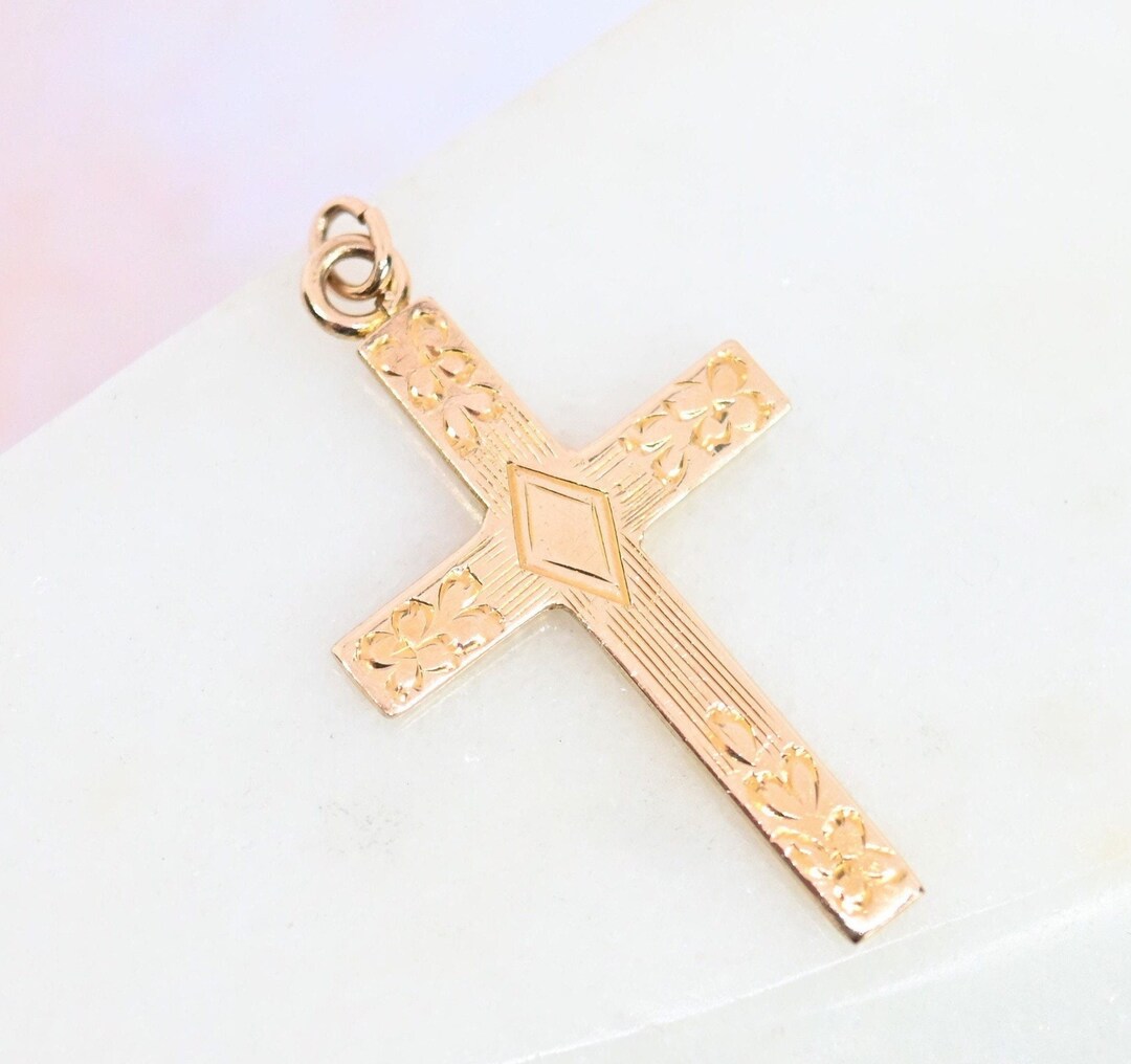 Antique 10k Gold Cross Pendant Yellow Gold Etched Floral Design ...