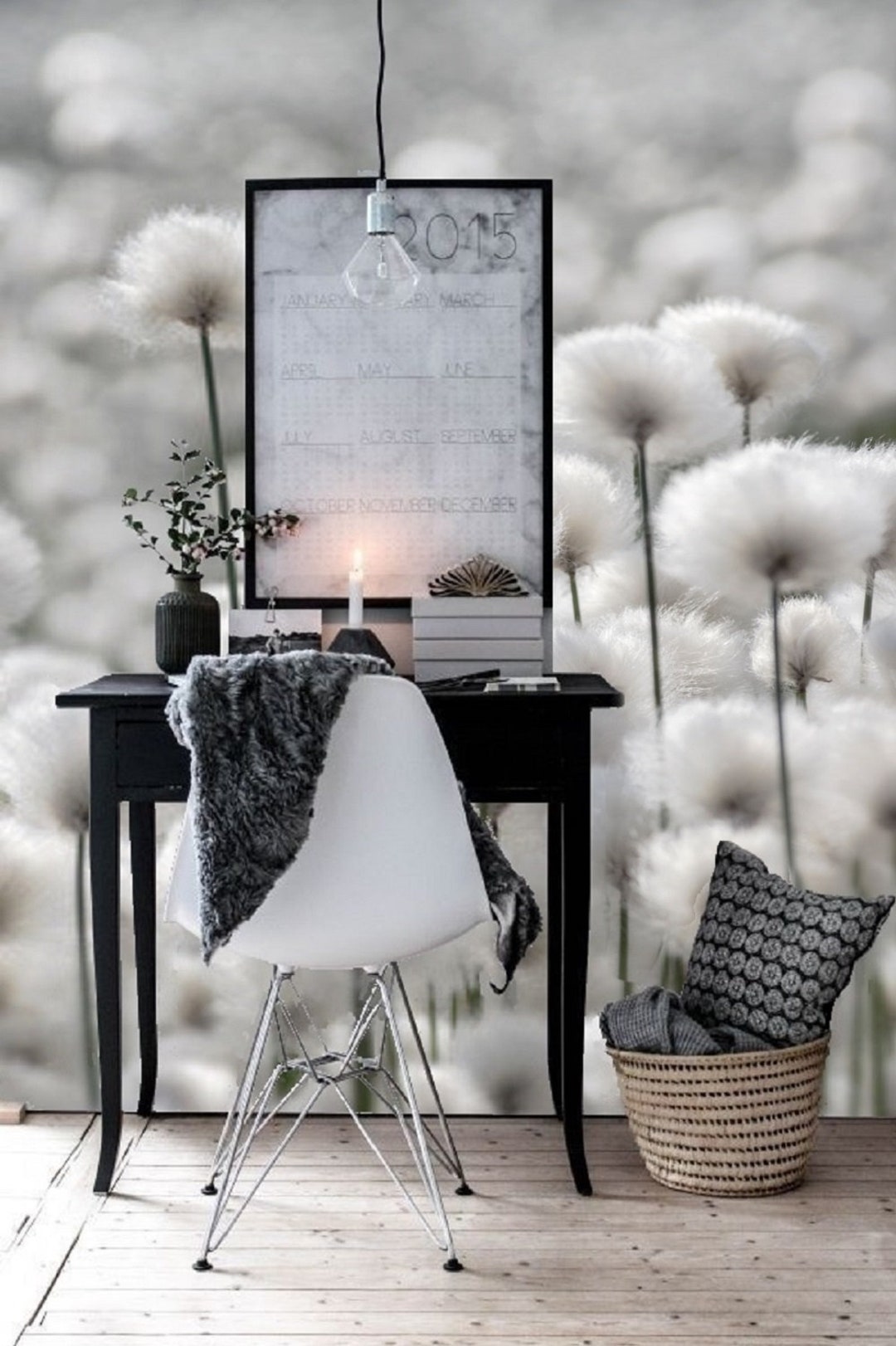 Light Grey Cotton Grass Wallpaper Photo Mural, Removable Peel and Stick ...
