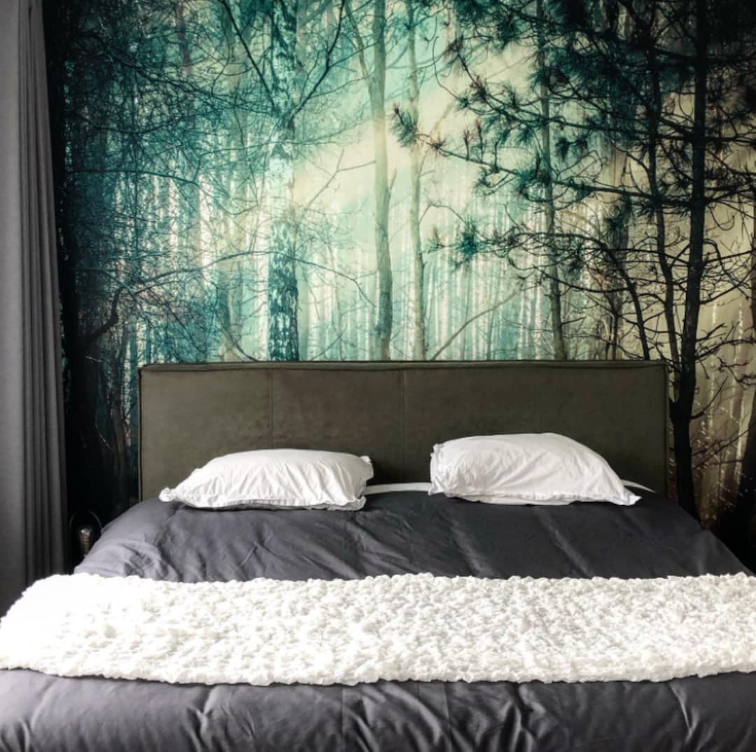 Misty Forest Trees Wall Mural Blue Landscape, Removable Peel and Stick ...