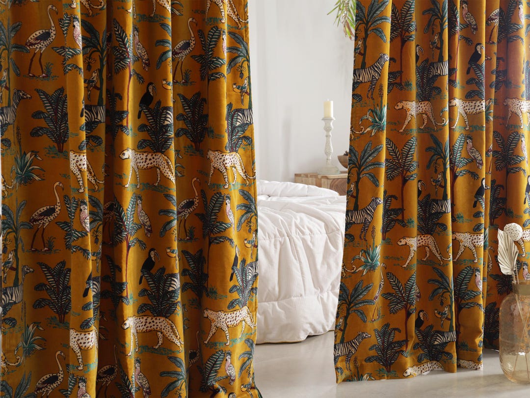 Luxury Gold Jungle Print Cotton Velvet Curtain, Boho Decor Curtain ...