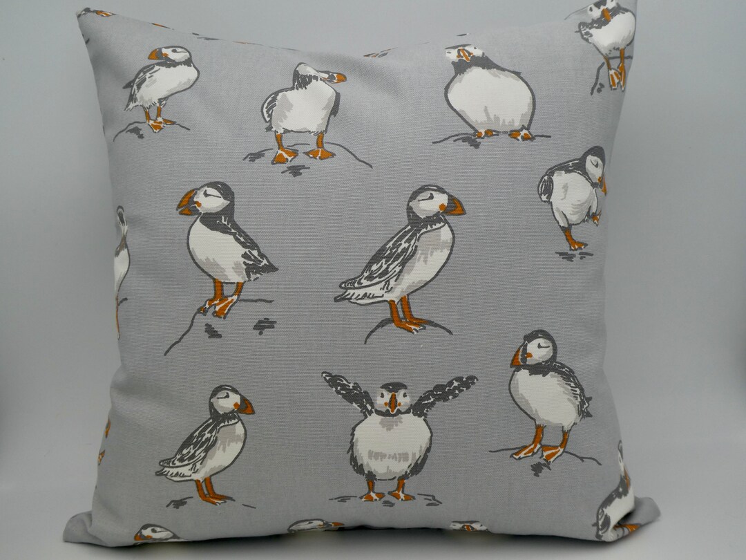 Puffin Cushion, Grey Coastal Decor - Etsy