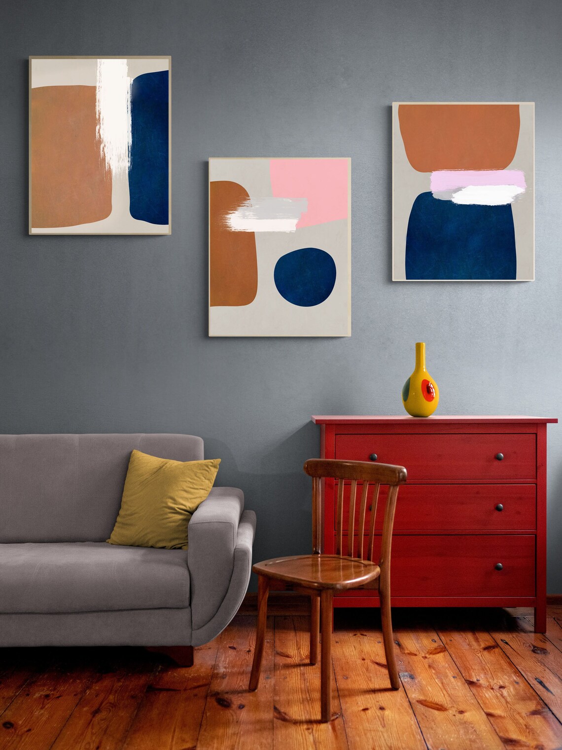 Blue Brown Minimalist Abstract Printable Art Set of 3 Prints, Printable ...