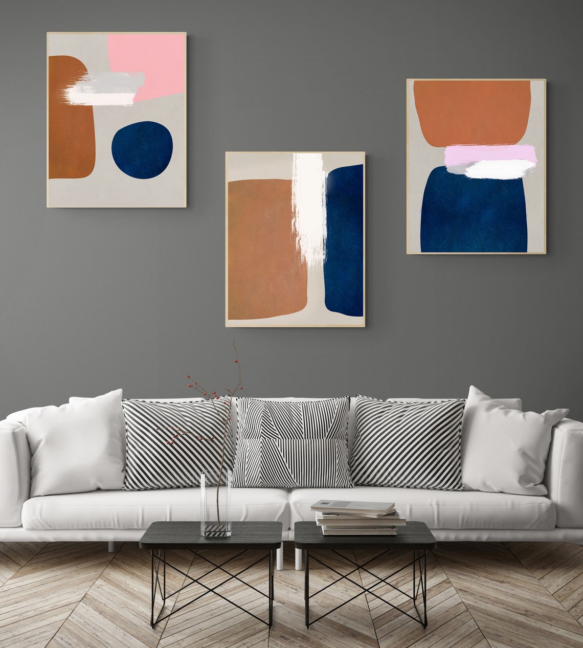 Blue Brown Minimalist Abstract Printable Art Set of 3 Prints, Printable ...