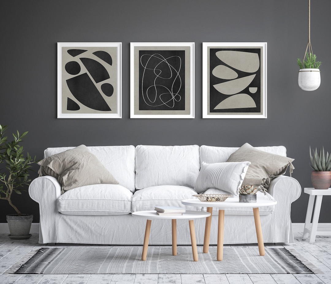 Abstract Geometric Print Set: Gray and Black Minimalist Wall Art ...