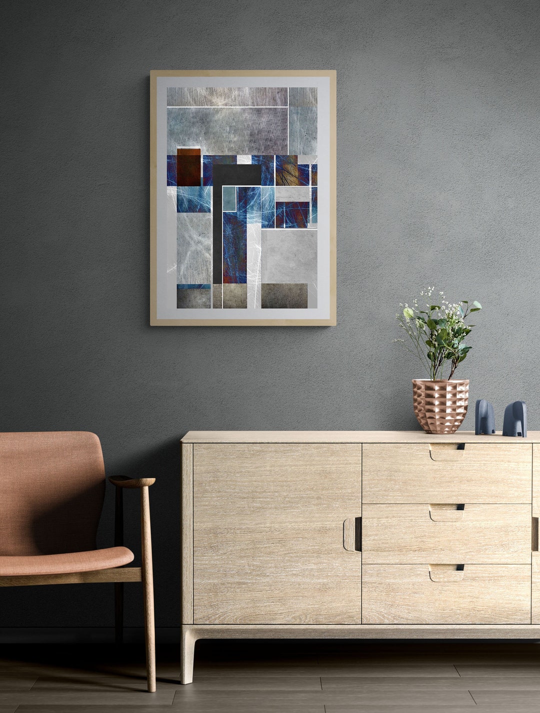Abstract Geometric Wall Art With Blue Gray Tones on Textured Background ...