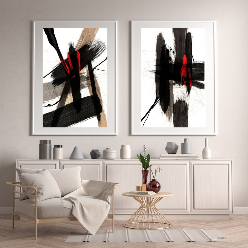 Red black abstract print set Set of 2 abstract prints | Etsy