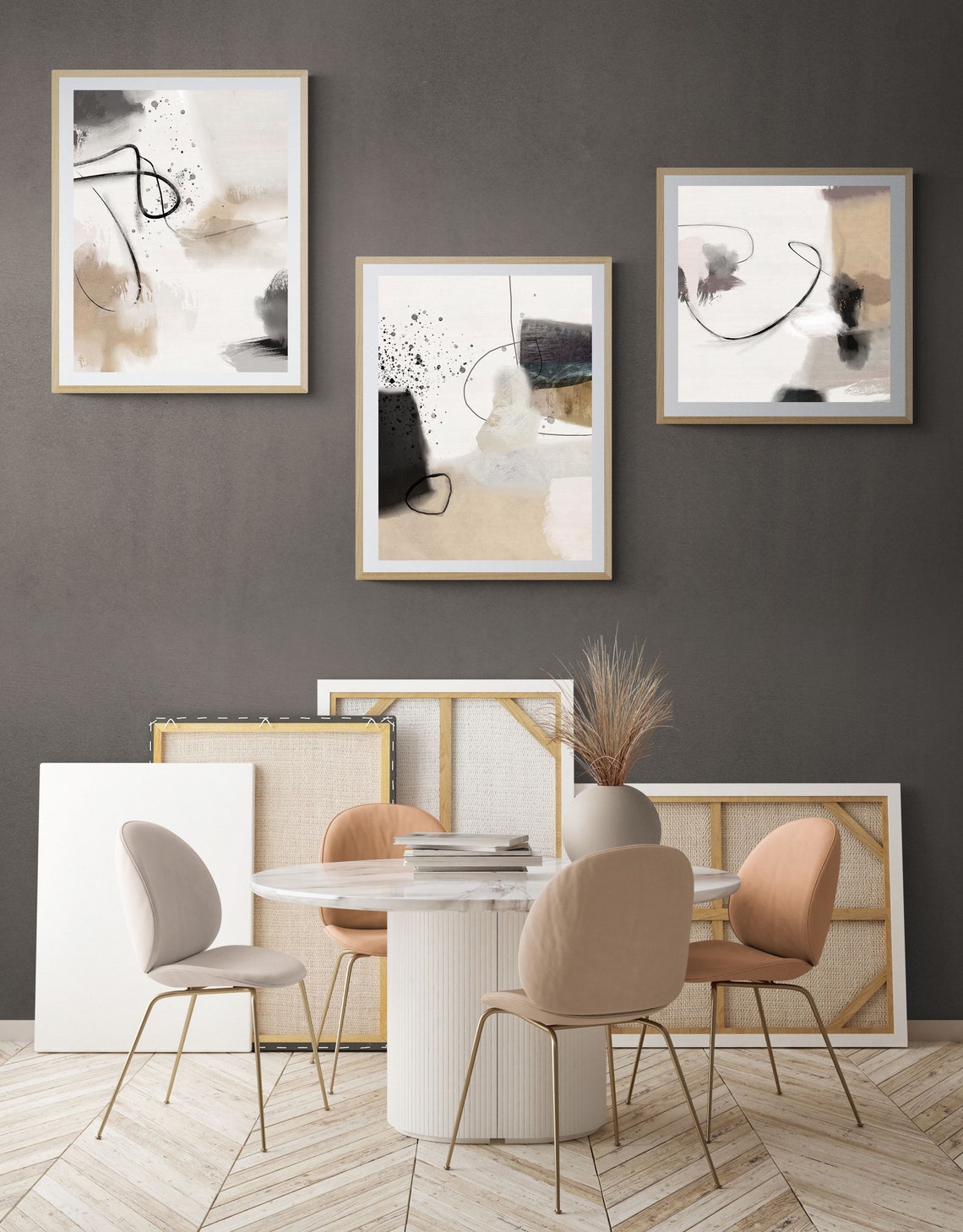Greige Abstract Gallery Wall Art Set of 3 Neutral Nordic - Etsy