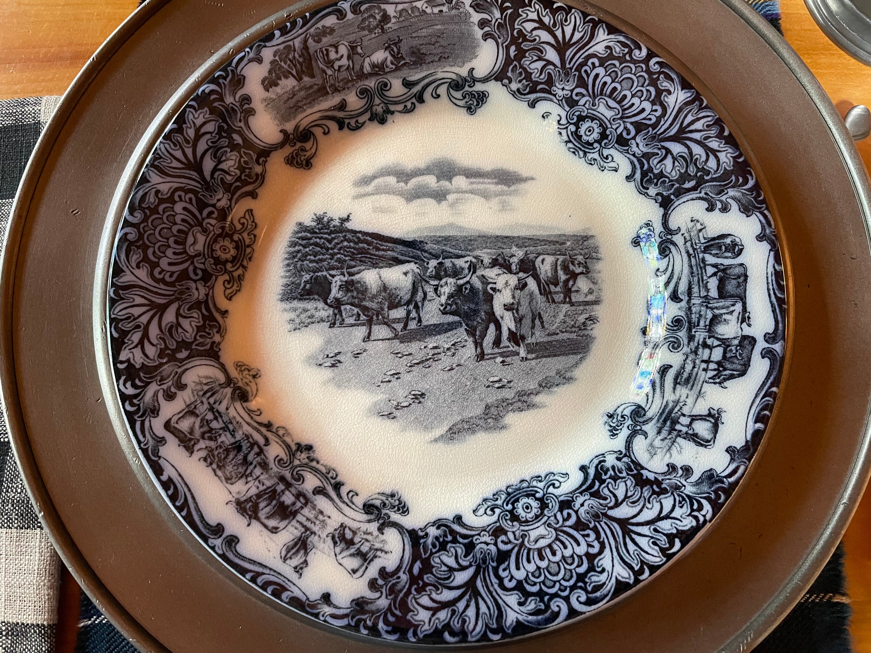 Antique Porcelain Flow Blue Plates With Cows Wedgwood England ...