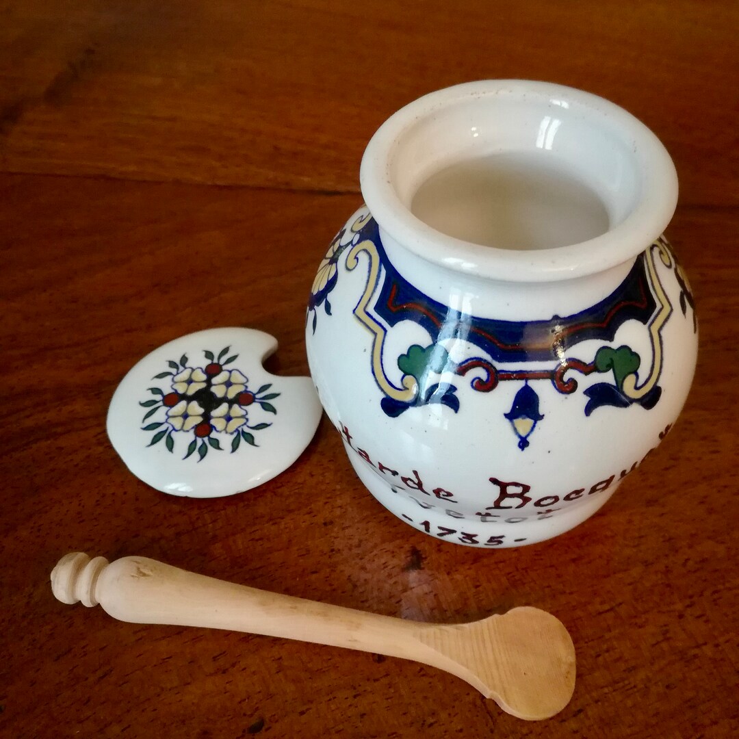 Vintage Mustard Pot With Lid, Original Wooden Spoon, Bocquet Yvetot ...