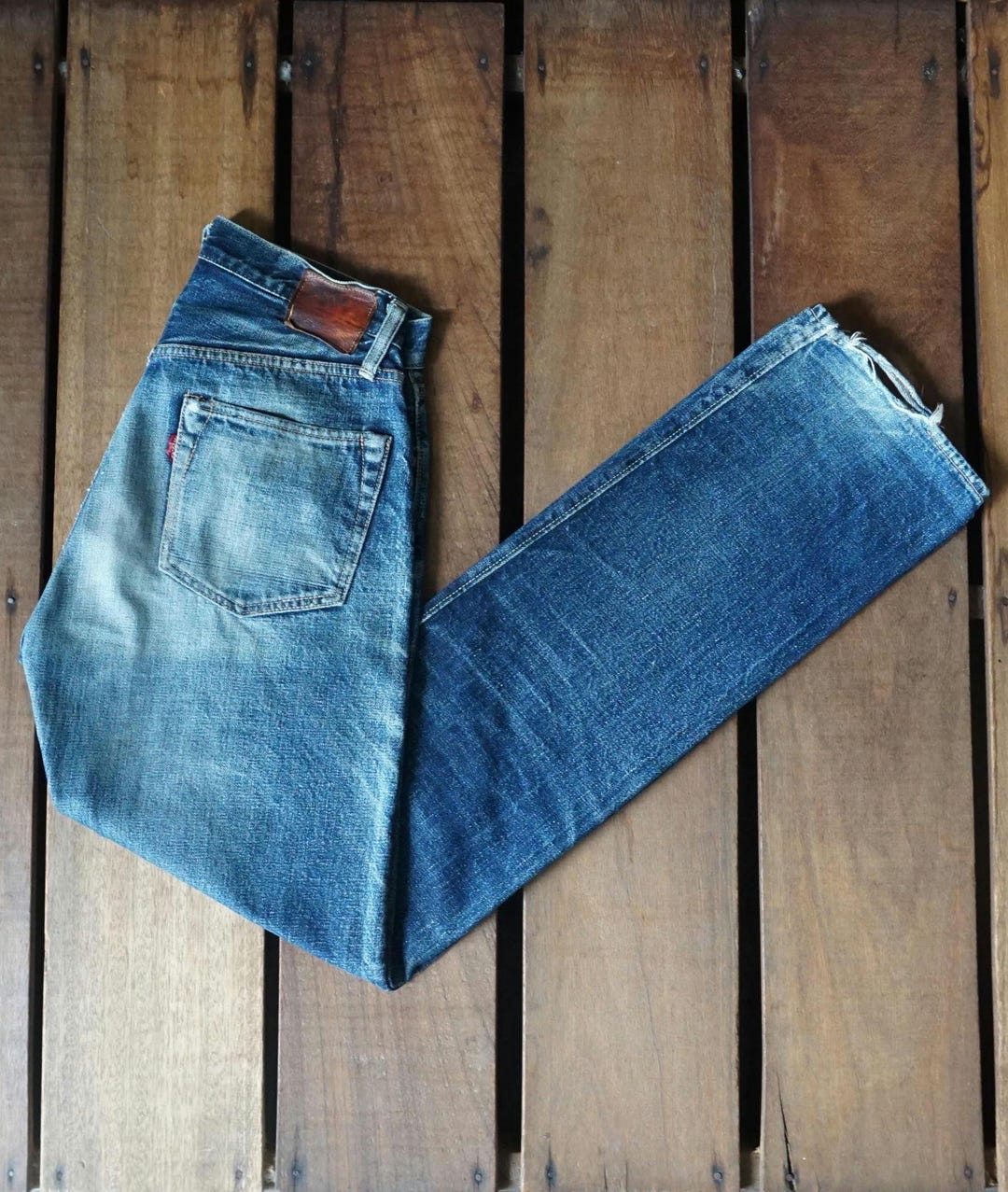 90's Distress Denime Japan 14oz Selvedge Faded Blue Jeans W28 Vintage ...