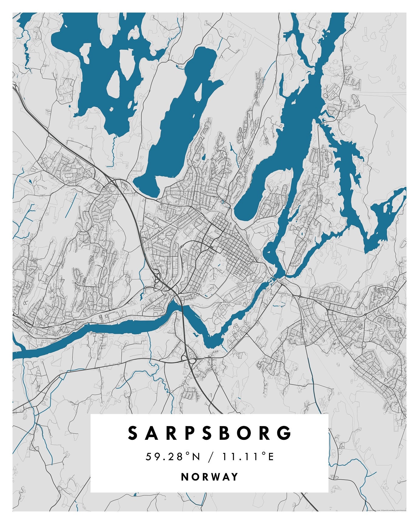 SARPSBORG Map, City Poster, Norway, Sarpsborg Kart, Map of Sarpsborg ...