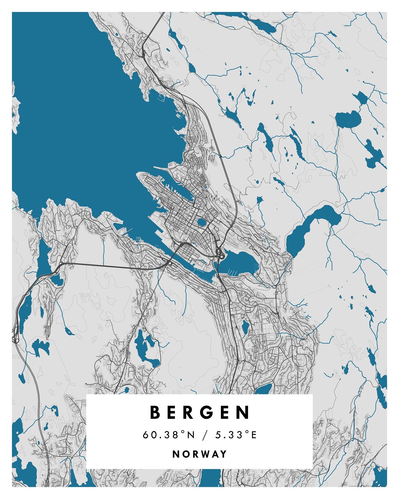 BERGEN Map, City Poster, Norway, Bergen Kart, Map of Bergen, Digital ...
