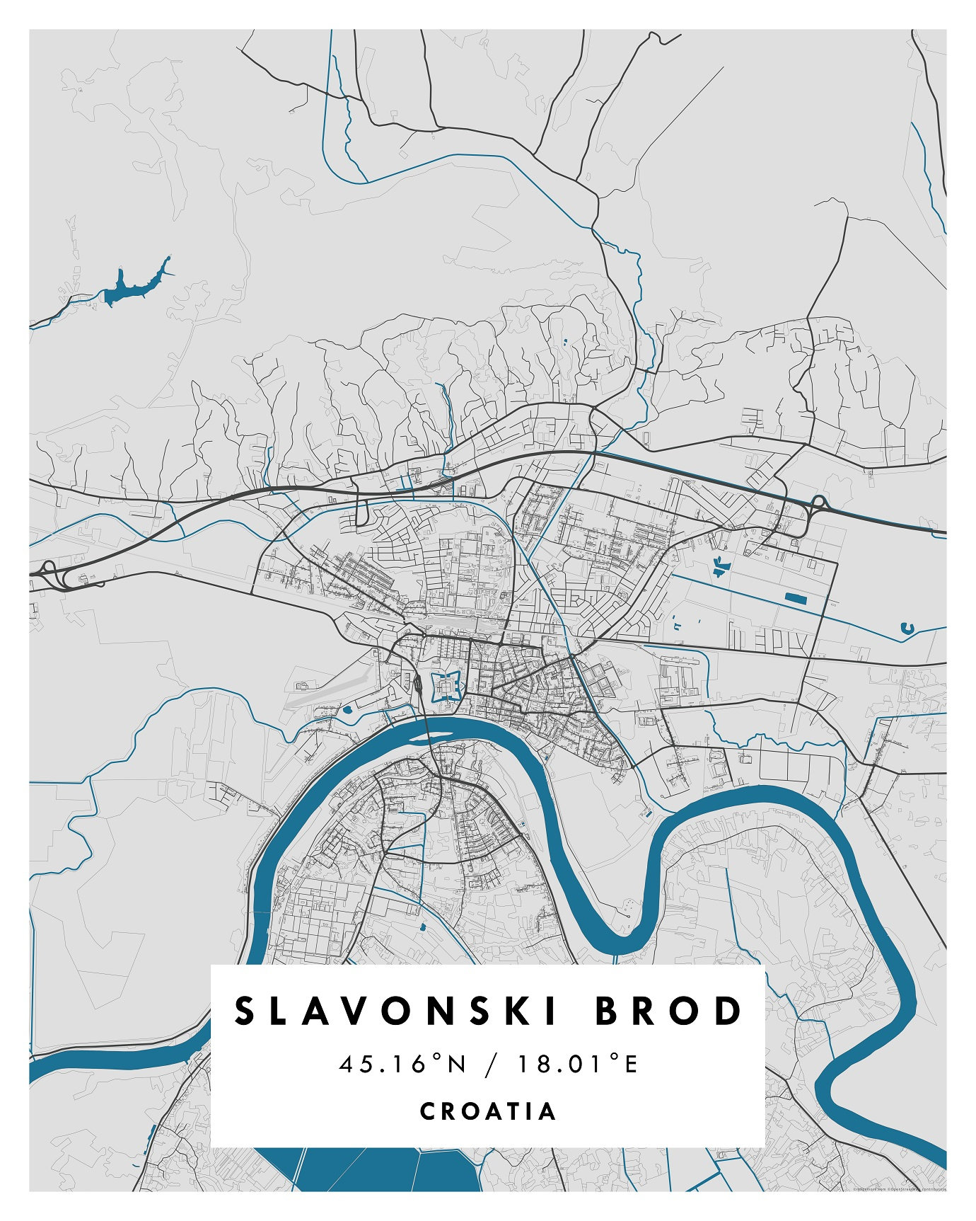 SLAVONSKI BROD Map, City Poster, Karta Slavonskog Broda, Digital ...